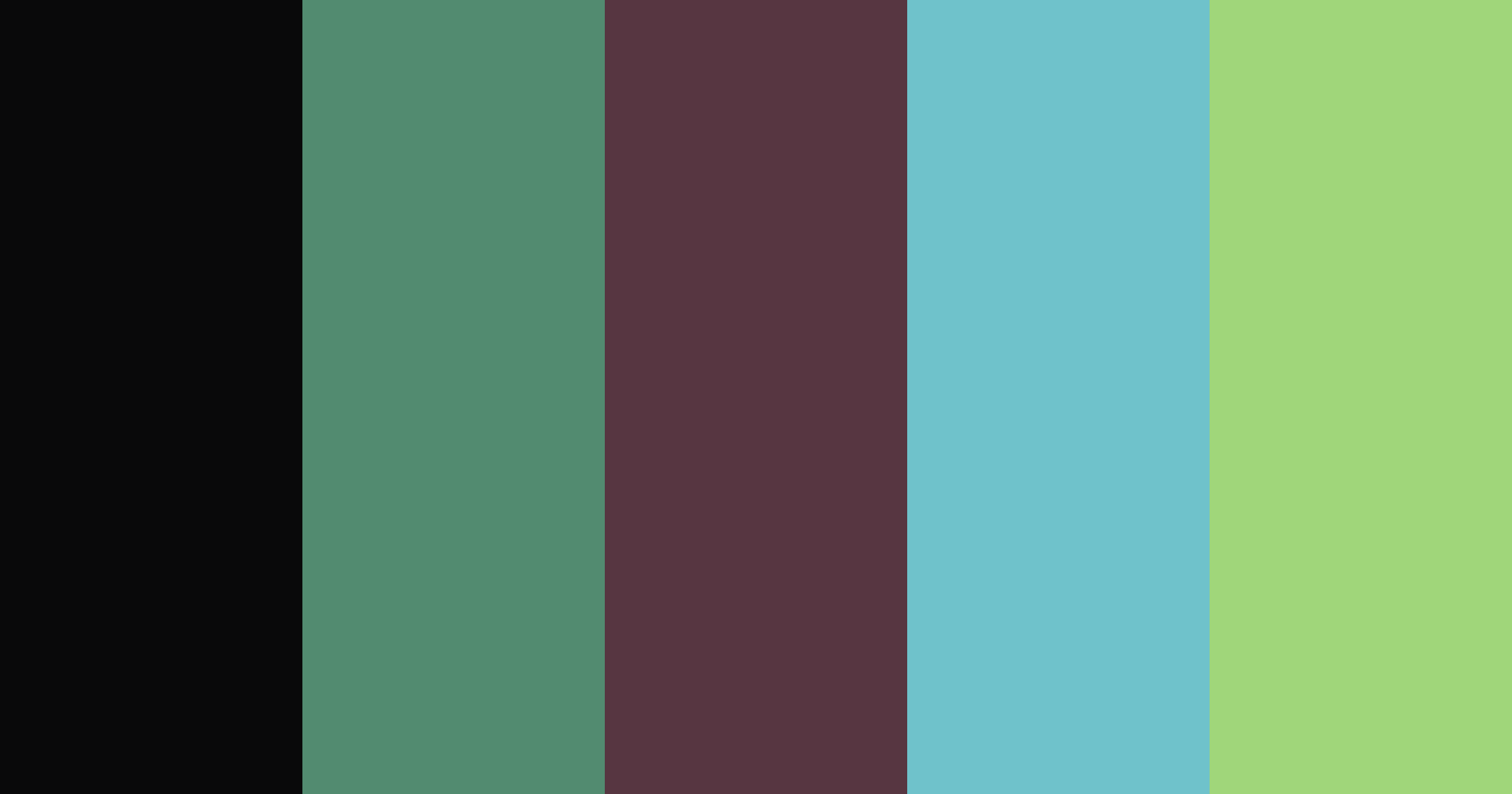 Color Palette generated based on #09090A, #528B70, #573641, #6FC2CB ...