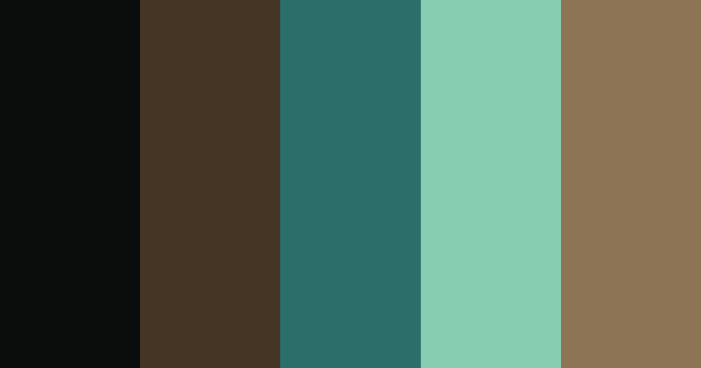 Color Palette generated based on #0B0C0C, #453524, #2C6E6A, #87CDB2 ...