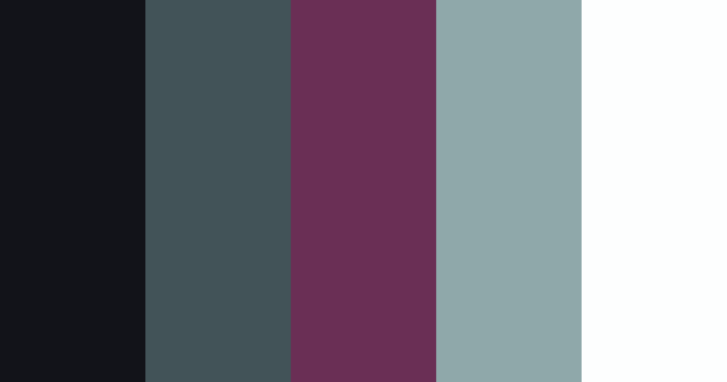 Color Palette generated based on #121319, #425358, #6A2F55, #8FA8AA ...