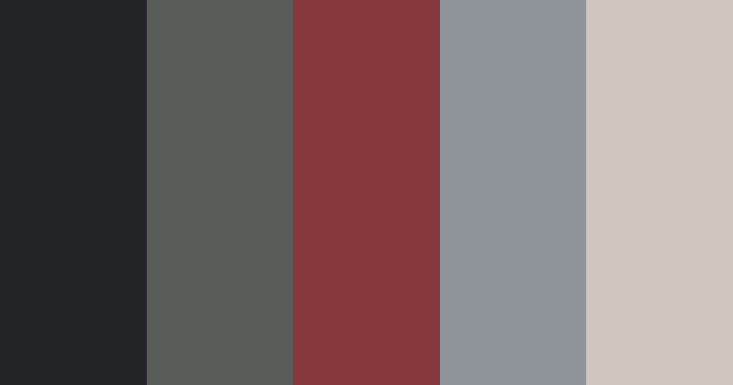 Color Palette generated based on #232428, #595D59, #86383C, #8F939A ...