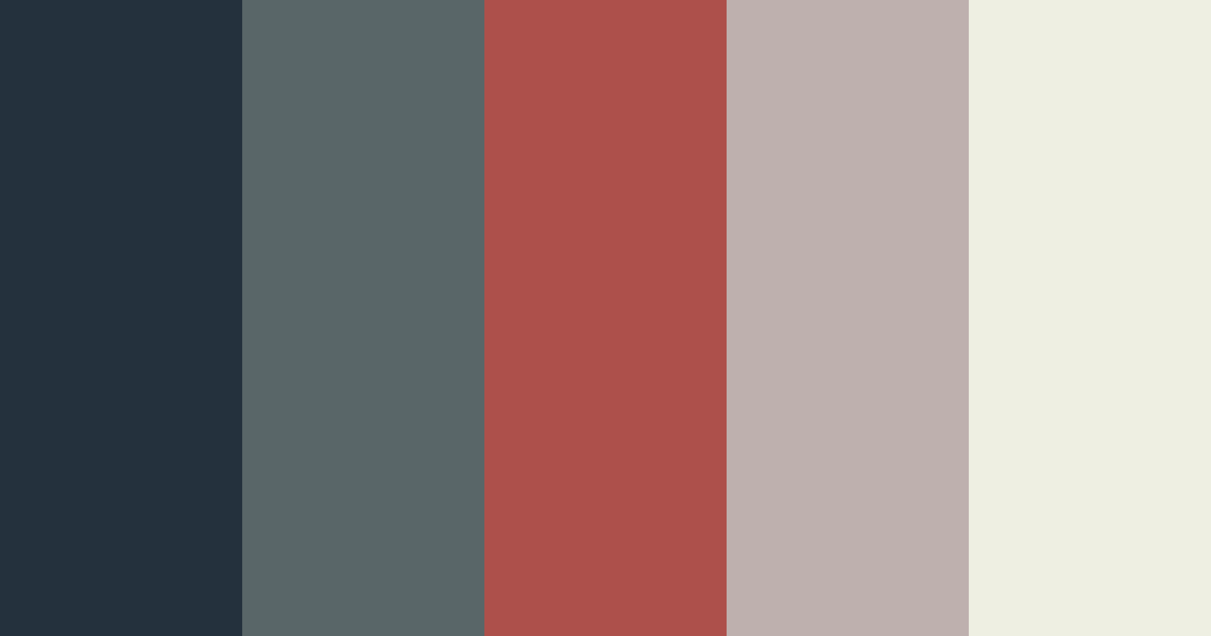 Color Palette generated based on #24313D, #596668, #AD504B, #BEB0AE ...